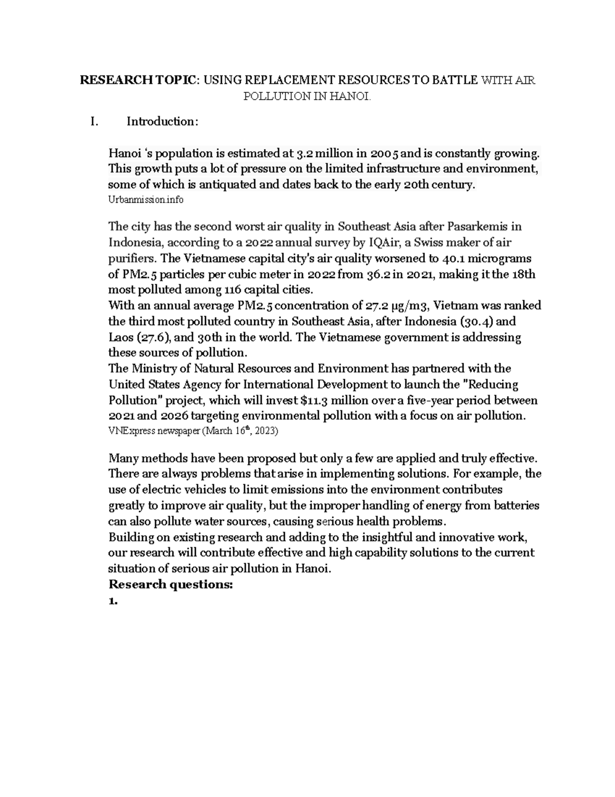 AIR Pollution Research - RESEARCH TOPIC: USING REPLACEMENT RESOURCES TO ...