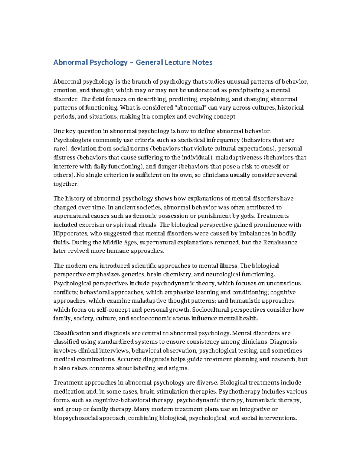 Abnormal Psychology 101: Comprehensive Lecture Notes - Studocu