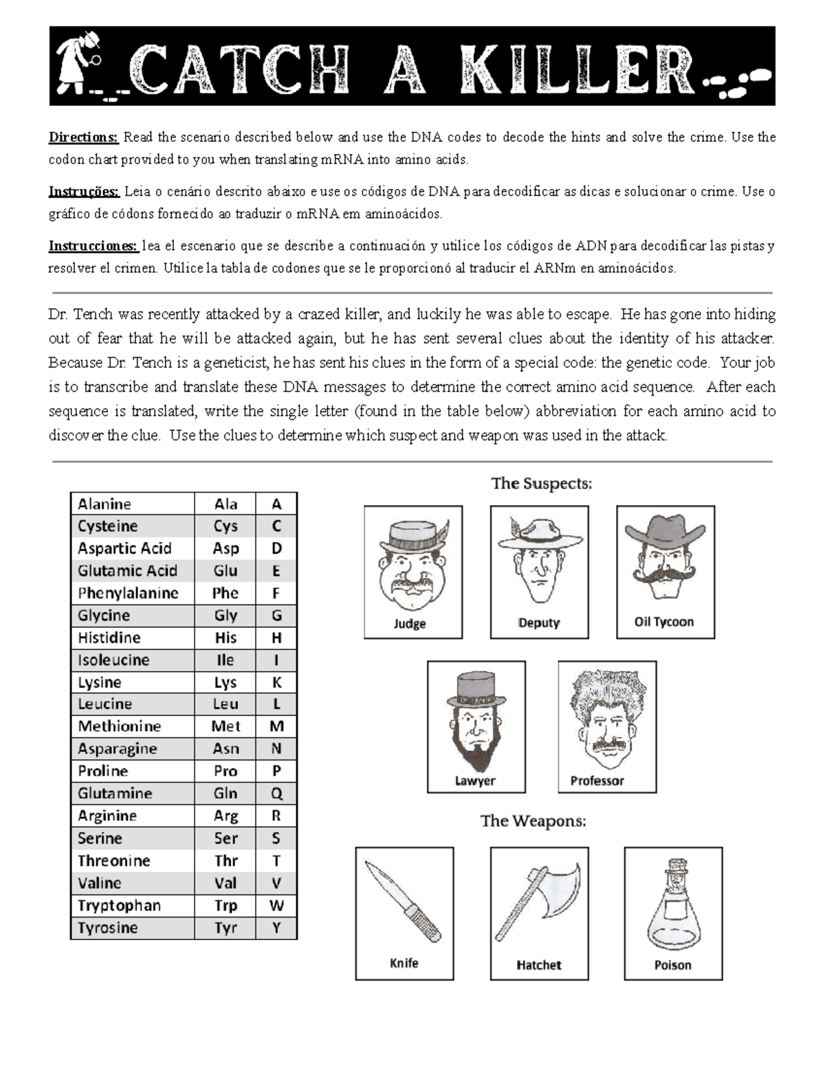 Catch the Killer Activity: DNA Code Decoding Exercise - Studocu