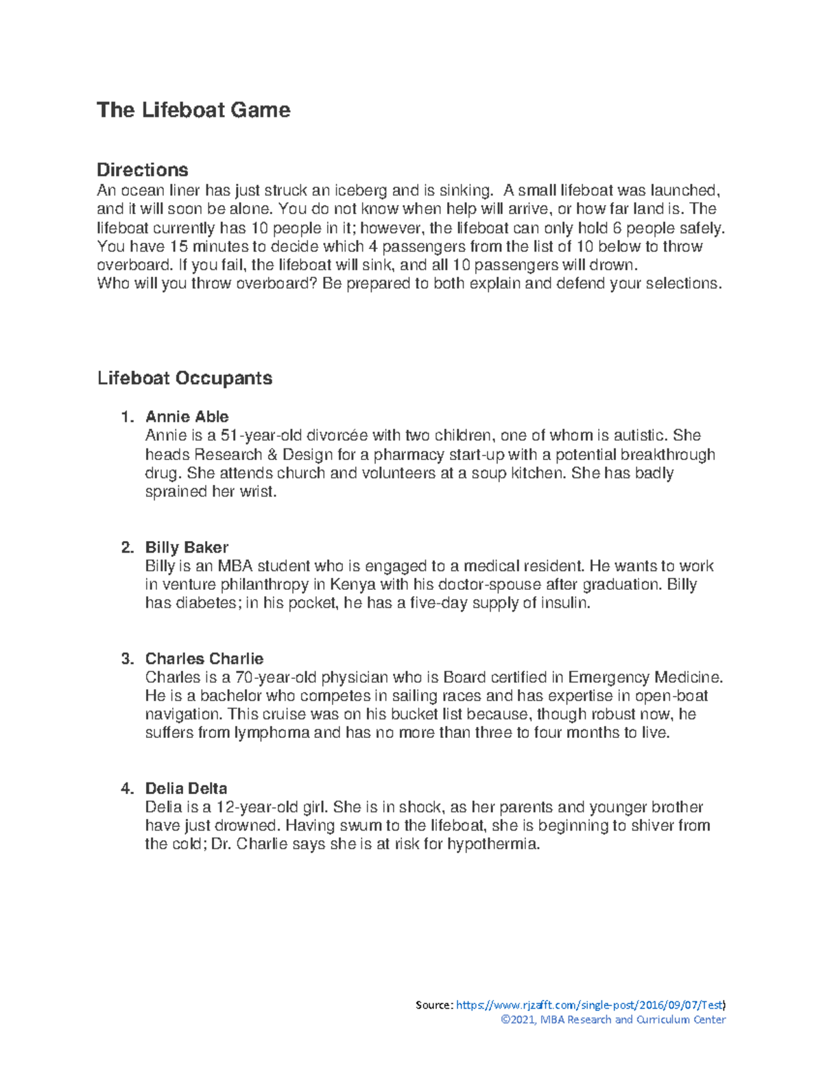 The Lifeboat Game Directions: Decision-Making Challenge - Studocu