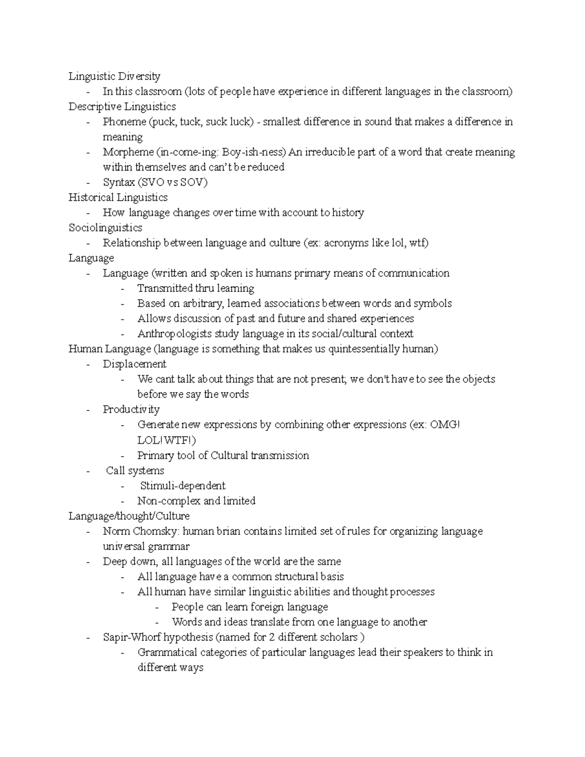 Class Notes Chapter 4 - Language - Linguistic Diversity - In this ...