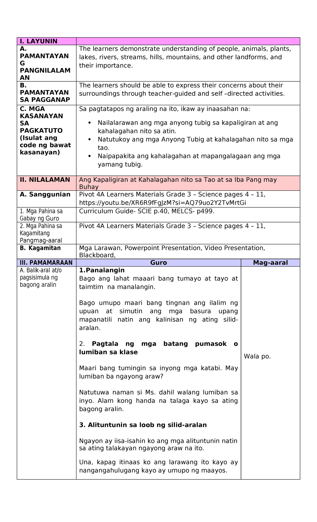 Detailed Lesson PLAN- Midterm - I. LAYUNIN A. PAMANTAYAN G PANGNILALAM ...