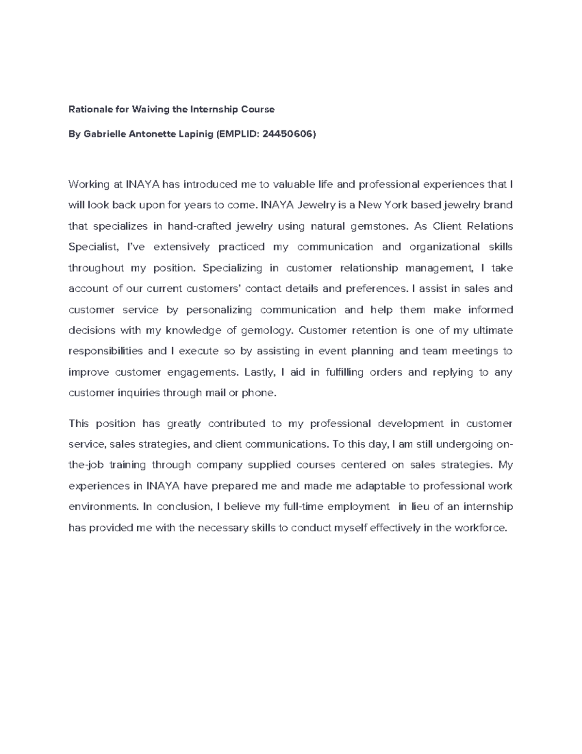 Rationale for Waiving Internship Course - EMPLID: 24450606 - Studocu