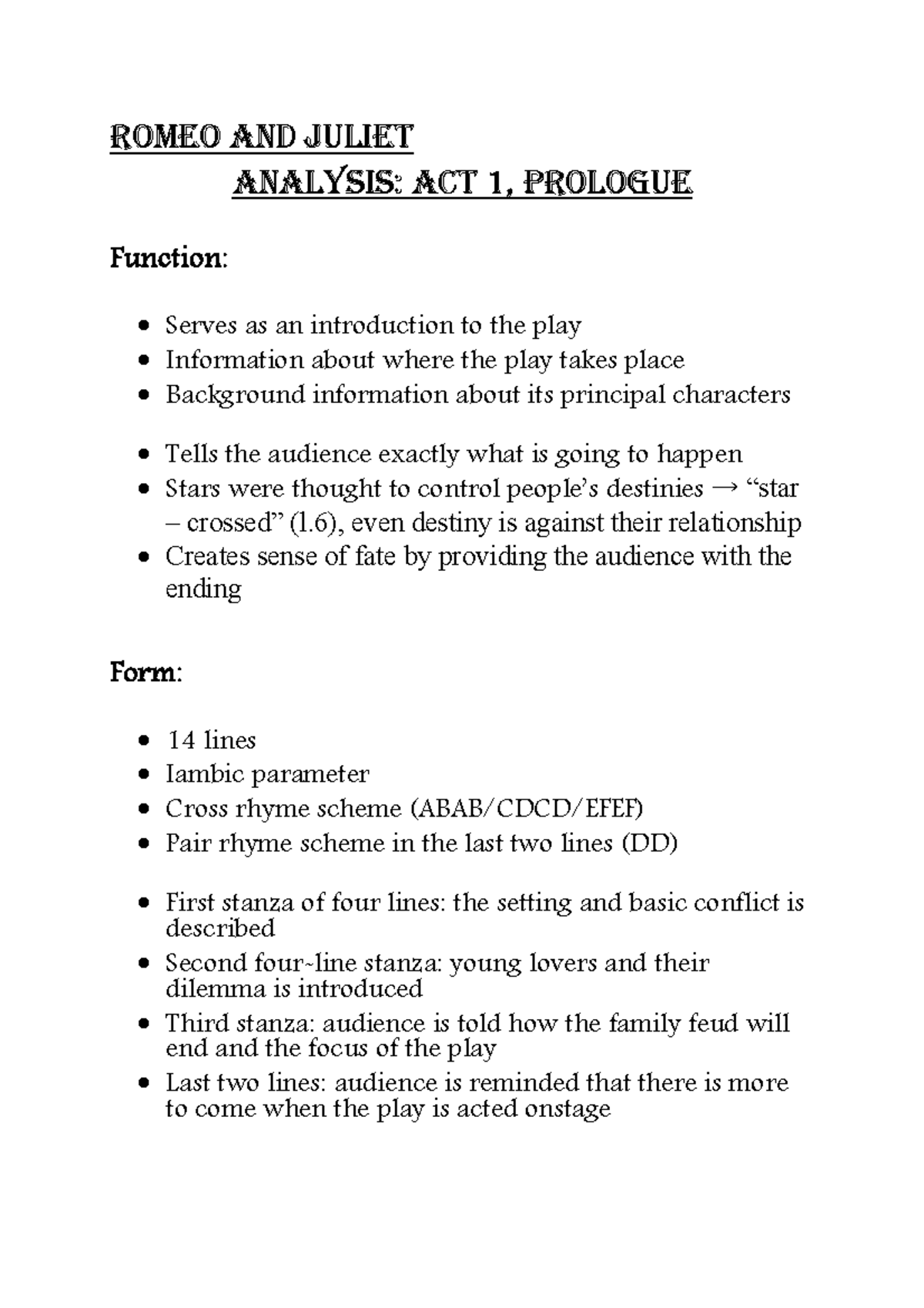 English LKQ 1: Analysis of Romeo and Juliet Act 1 Prologue Handout ...