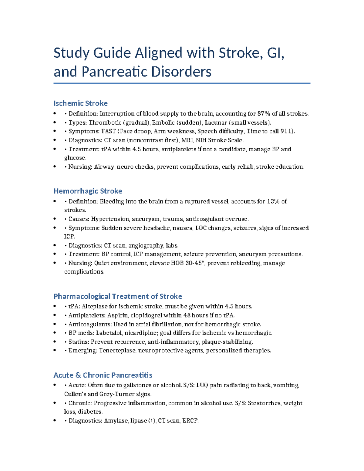 Nclex Hesi Study Guide Stroke Gi And Pancreatic Disorders Studocu