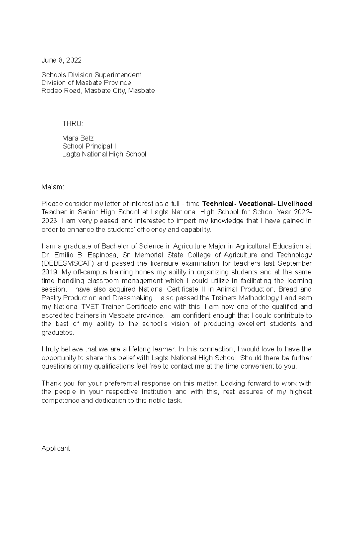 DepEd Application Letter for Technical-Vocational Teacher Position ...