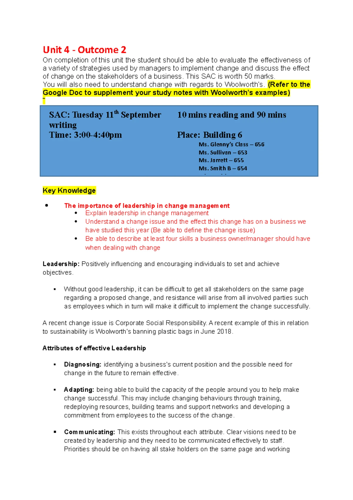 Year 11 Business Management Unit 1 Exam Revision Sheet - Year 11 ...