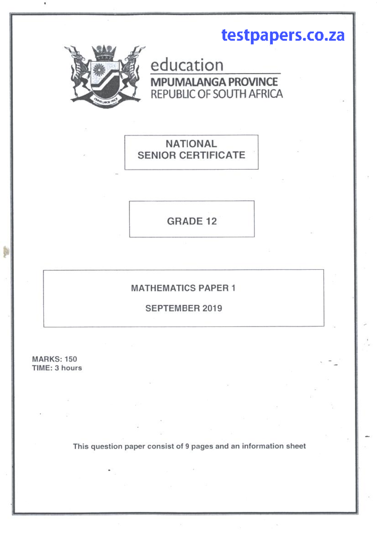 2019 Grade 12 MATH Trial Exam Paper 1 MP - Studocu