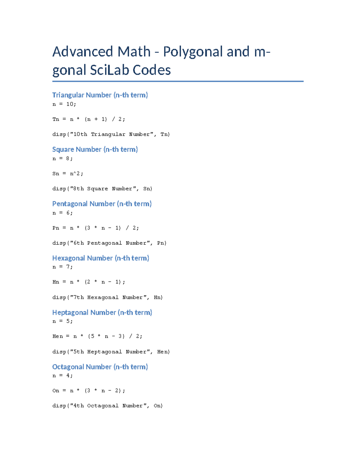Advanced Math: Polygonal & Mgonal SciLab Codes for Number Terms - Studocu