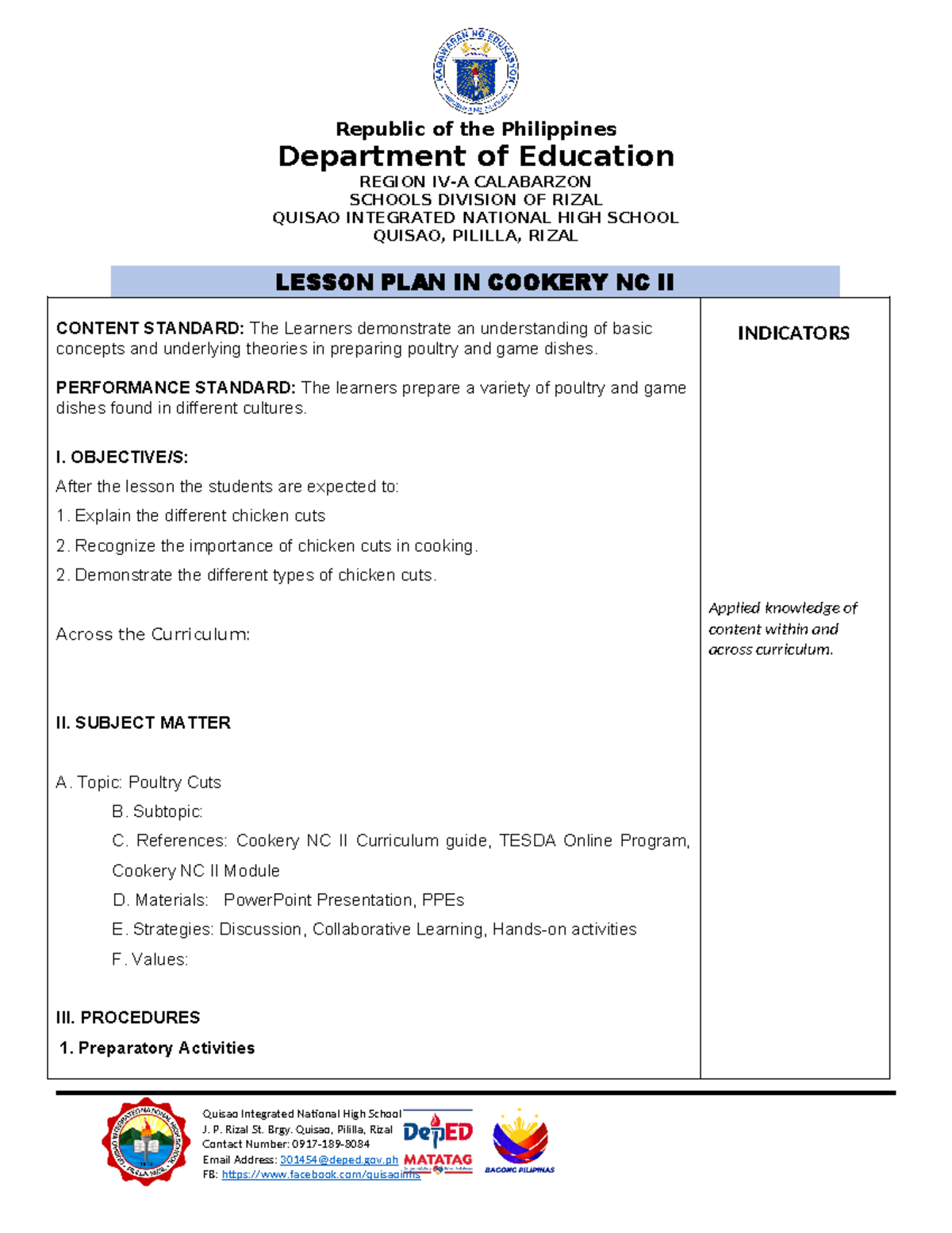 Lesson PLAN IN Cookery NC II - Department of Education REGION IV-A ...