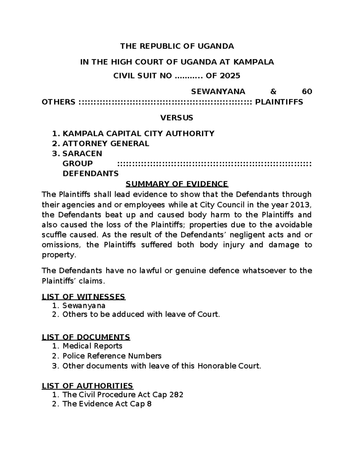 Summary of evidence final - THE REPUBLIC OF UGANDA IN THE HIGH COURT OF ...