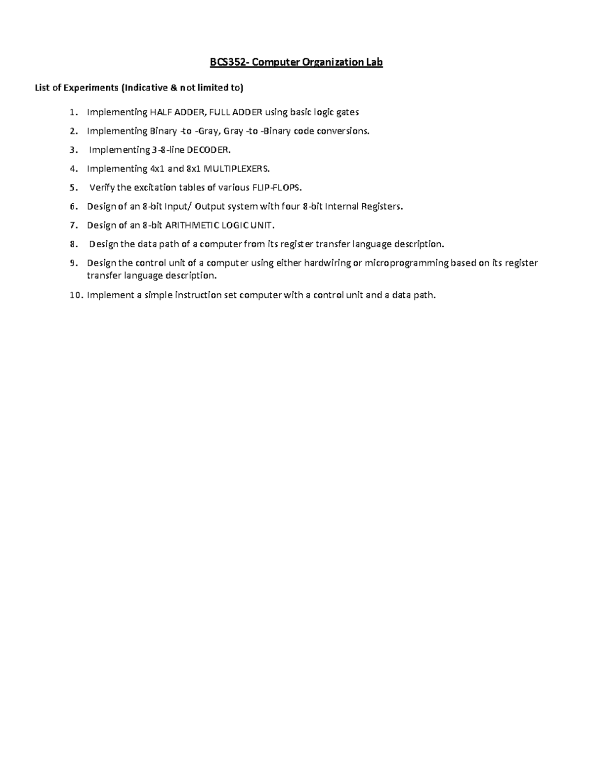 COA LAB: List of Experiments and Implementations - Studocu