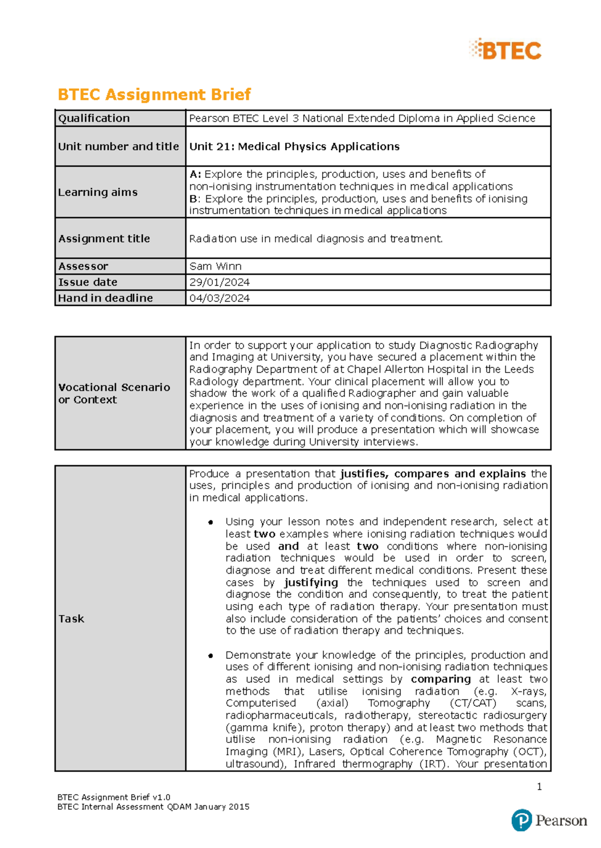 Unit 21 Assignment AB: Medical Applications of Radiation in Diagnosis ...