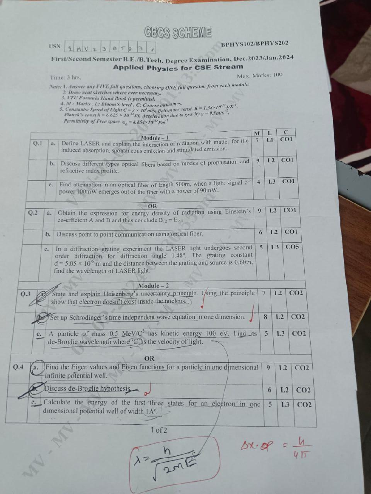 Physics jan 2024 question paper - CBCS SCHEME USN 1MV23BT03 4 Semester ...