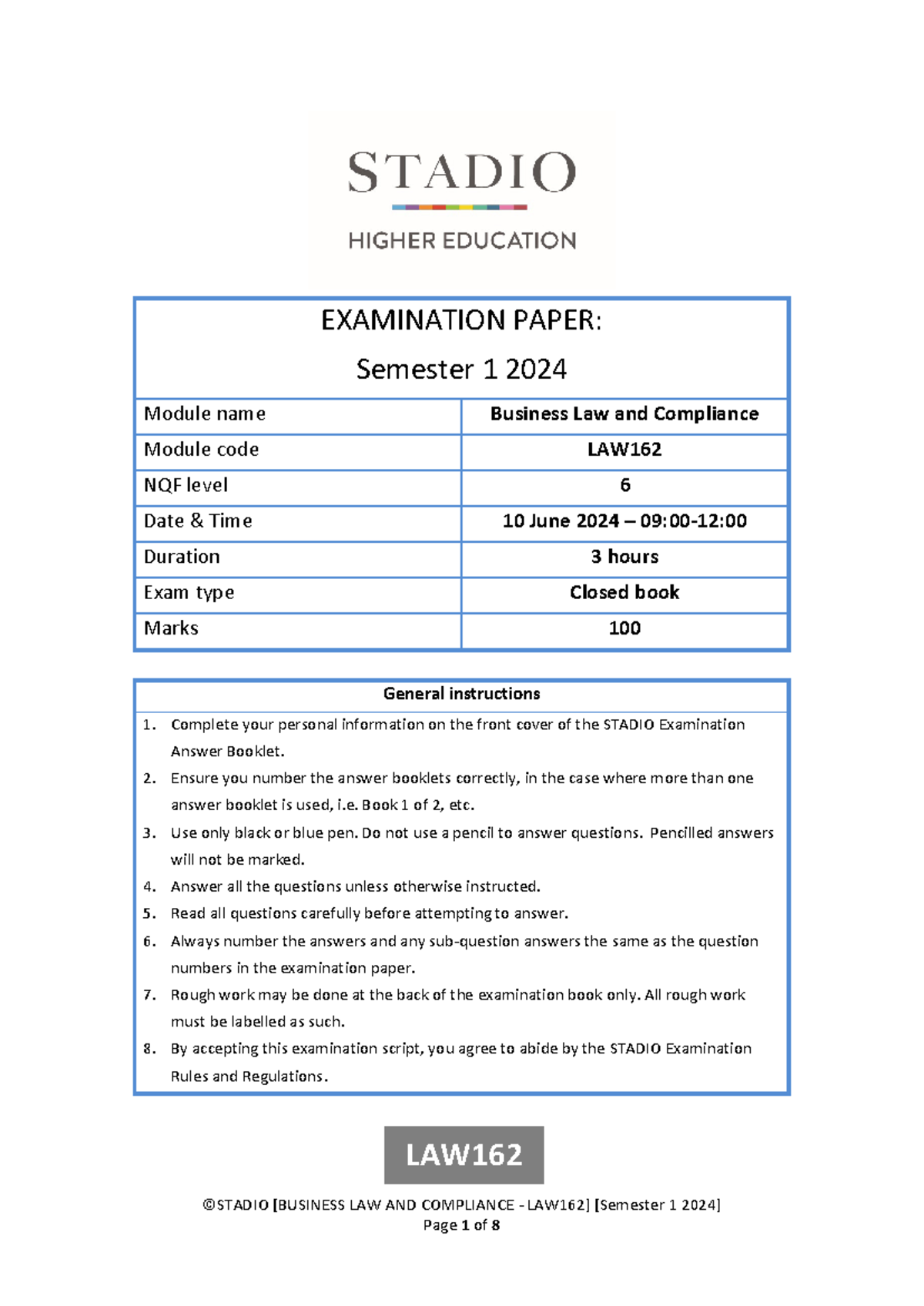 LAW162 2024 Final Exam - Business Law and Compliance Paper - Studocu