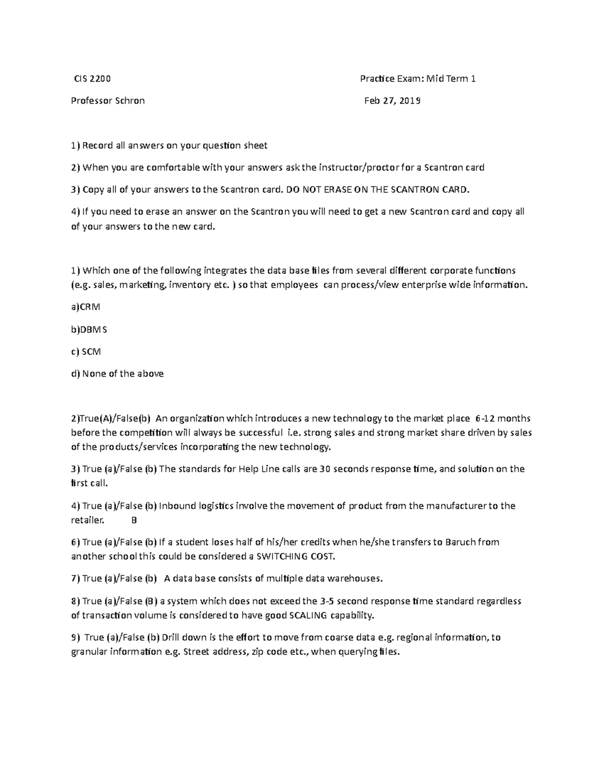 CIS 2200 midterm 1 Practice Exam - CIS 2200 Professor Schron Practice Exam: Mid Term 1 Feb 27 ...
