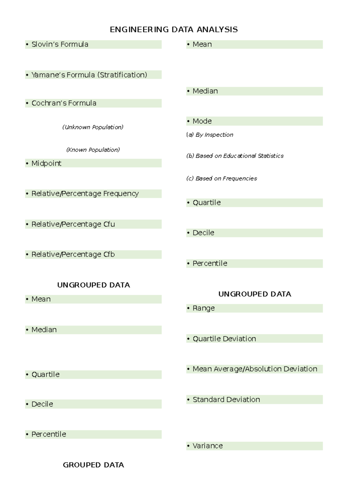 EDA-Formulas - zzz - ENGINEERING DATA ANALYSIS • Slovin’s Formula ...