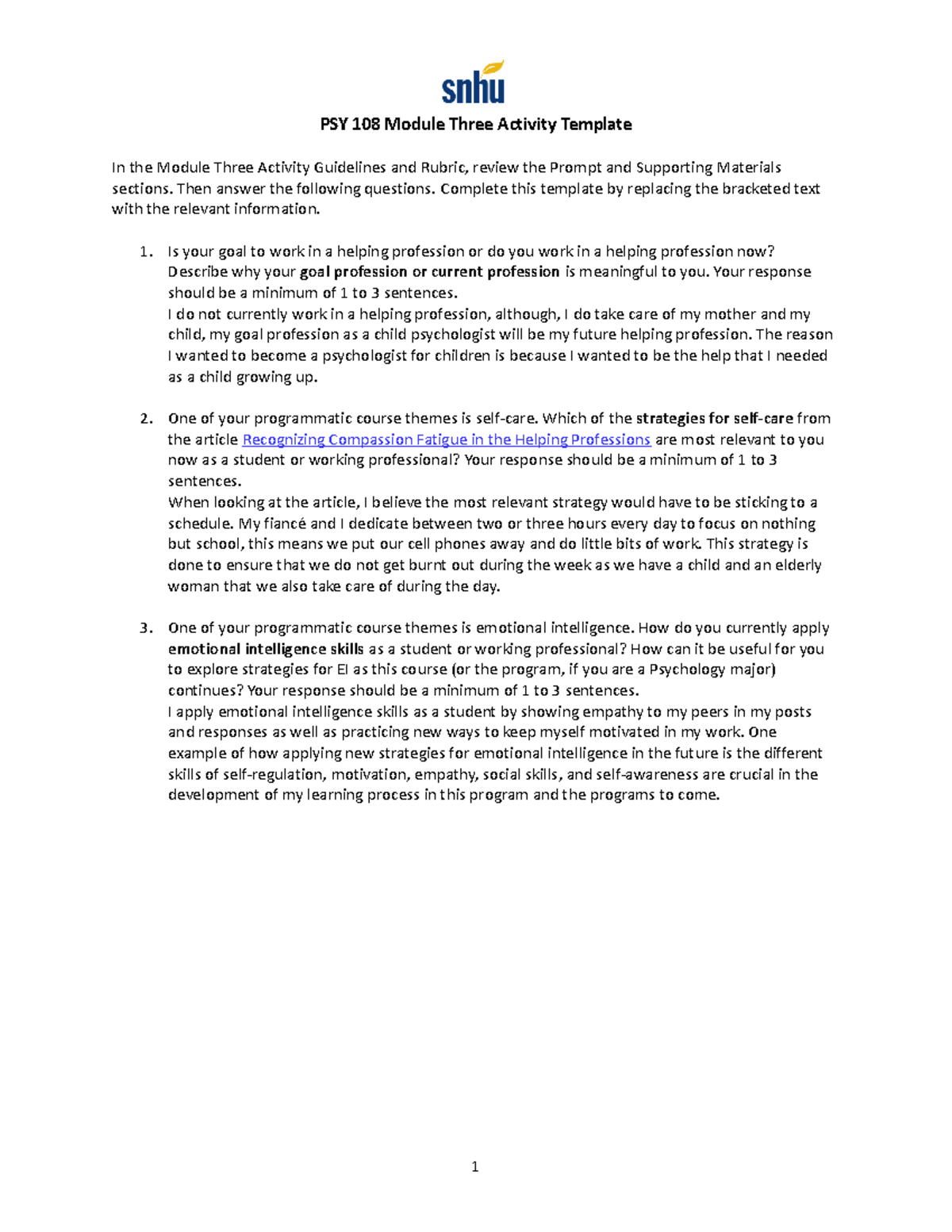 PSY 108 Module Three Activity: Reflections on Helping Professions - Studocu