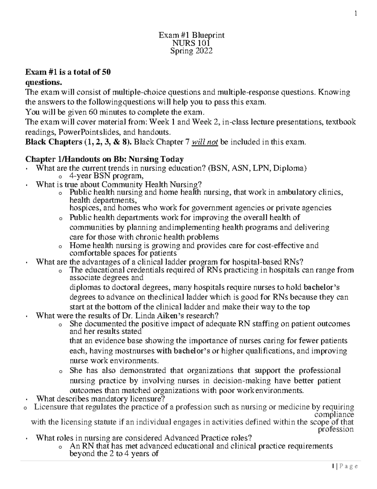 NURS 101 Exam #1 Study Guide & Blueprint for Spring 2022 - Studocu