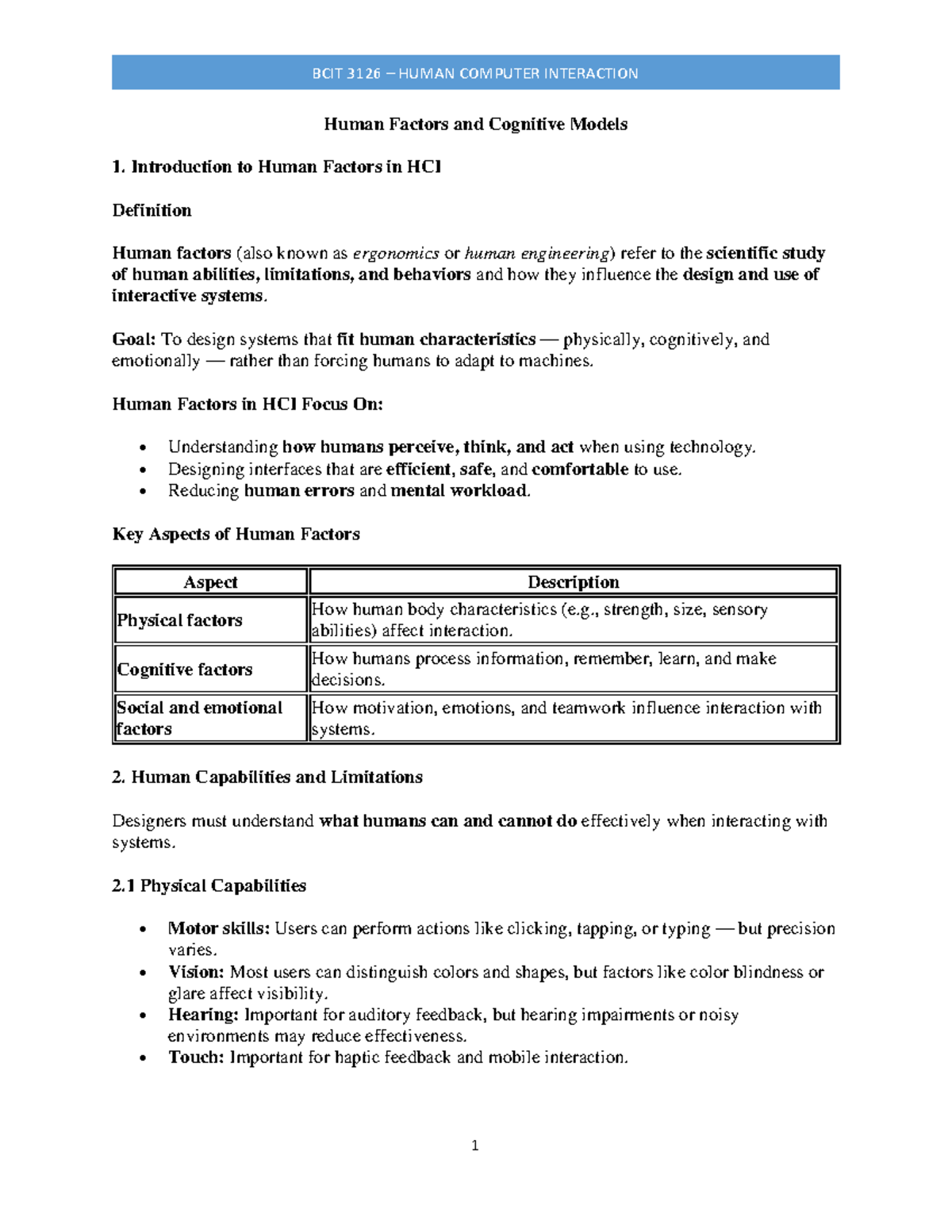 BCIT 3126 HUMAN COMPUTER INTERACTION Lecture 3: Human Factors ...