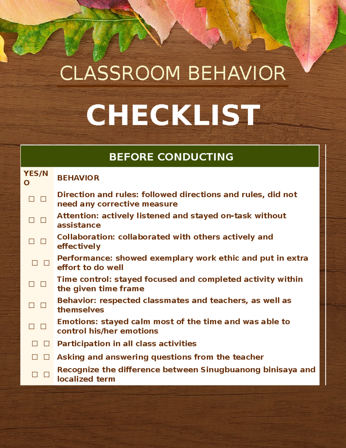 Classroom Behavior checklist - CLASSROOM BEHAVIOR CHECKLIST BEFORE ...