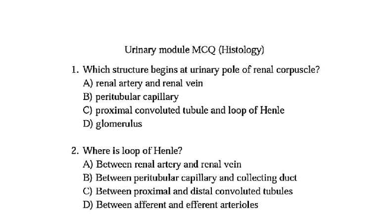Urinary System Histology MCQs (Module) - Studocu