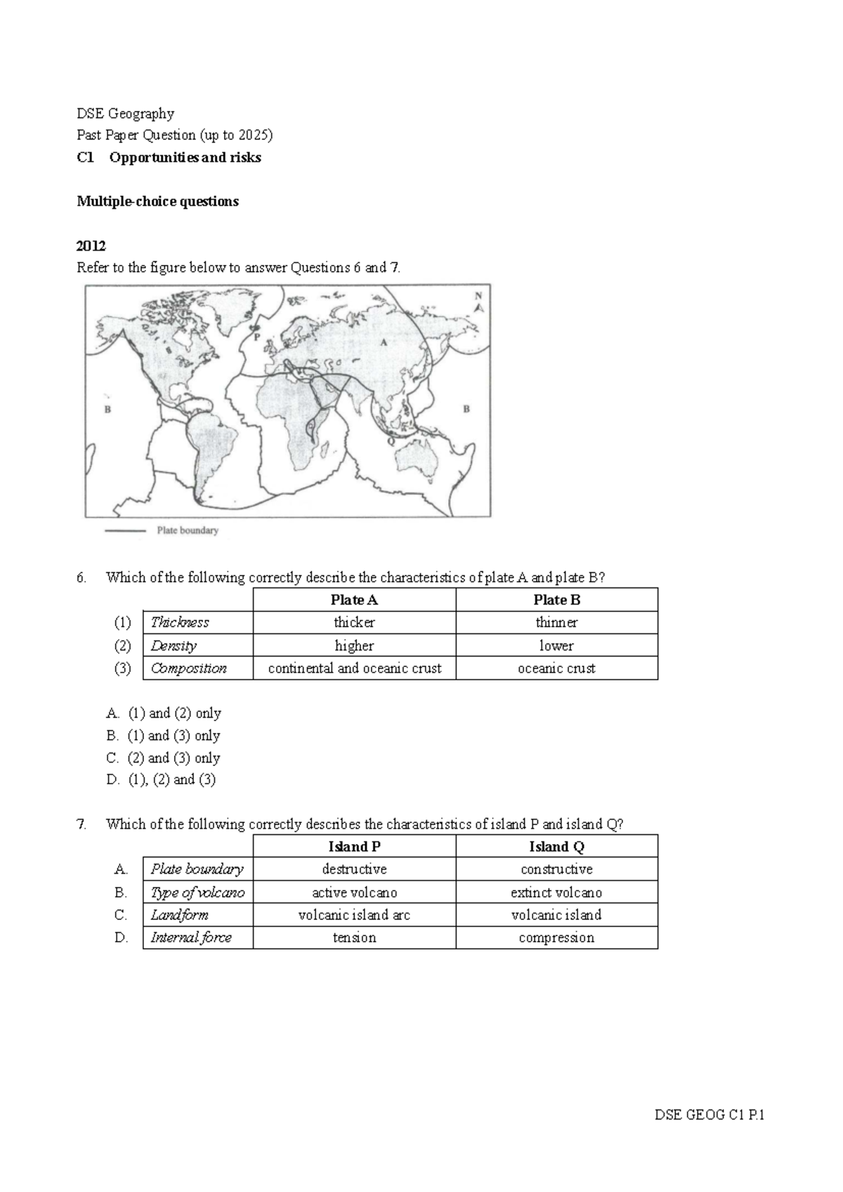 DSE GEOG C1 Past Paper MC Questions and Answers (2012-2023) - Studocu