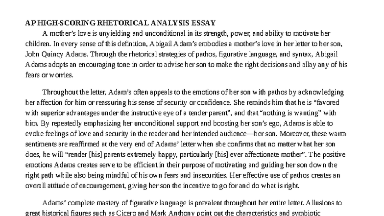 AP RHETORICAL ANALYSIS ESSAY: Abigail Adams' Unconditional Love - Studocu