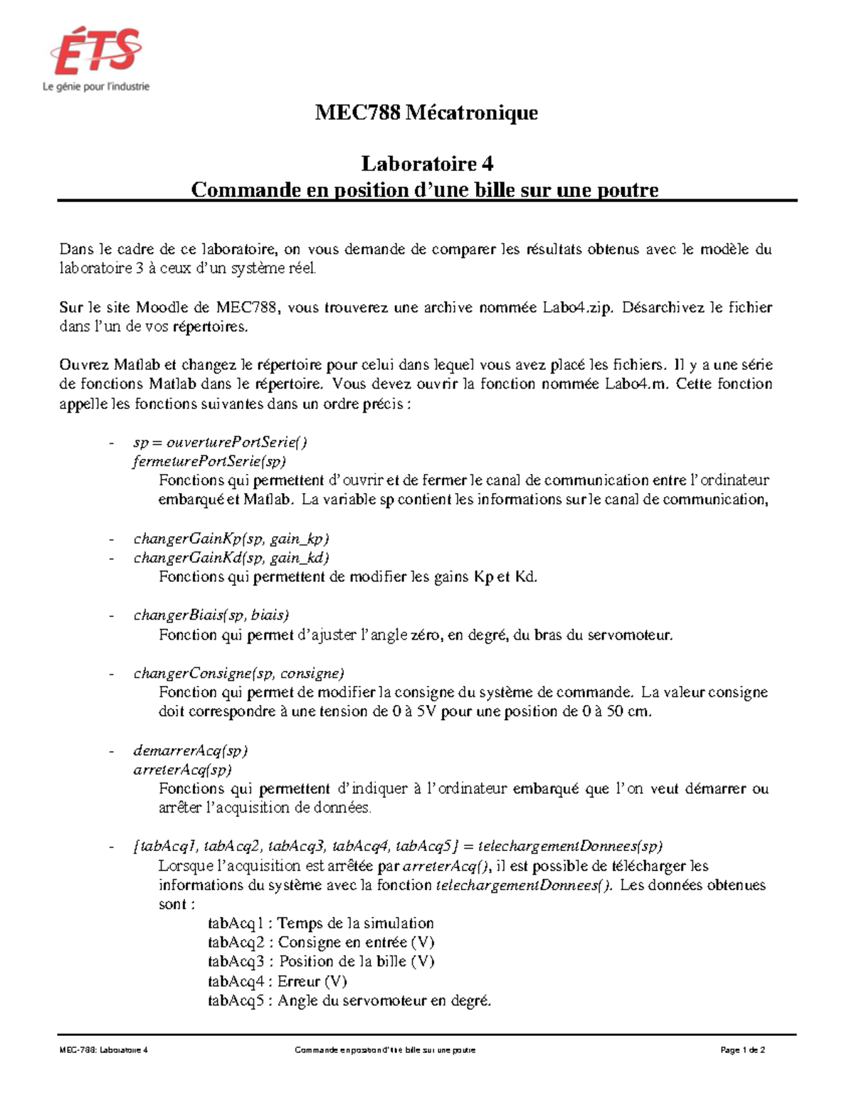 Laboratoire 4 - MEC788 - Commande en Position Bille sur Poutre - Studocu