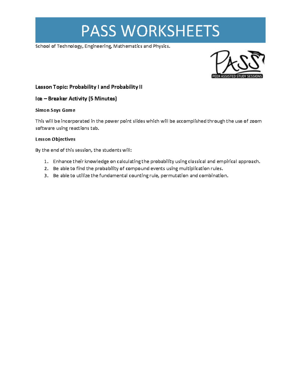 WK 6 ST130 Probability 1 and 2 Worksheet - Basic Statistics - USP - Studocu