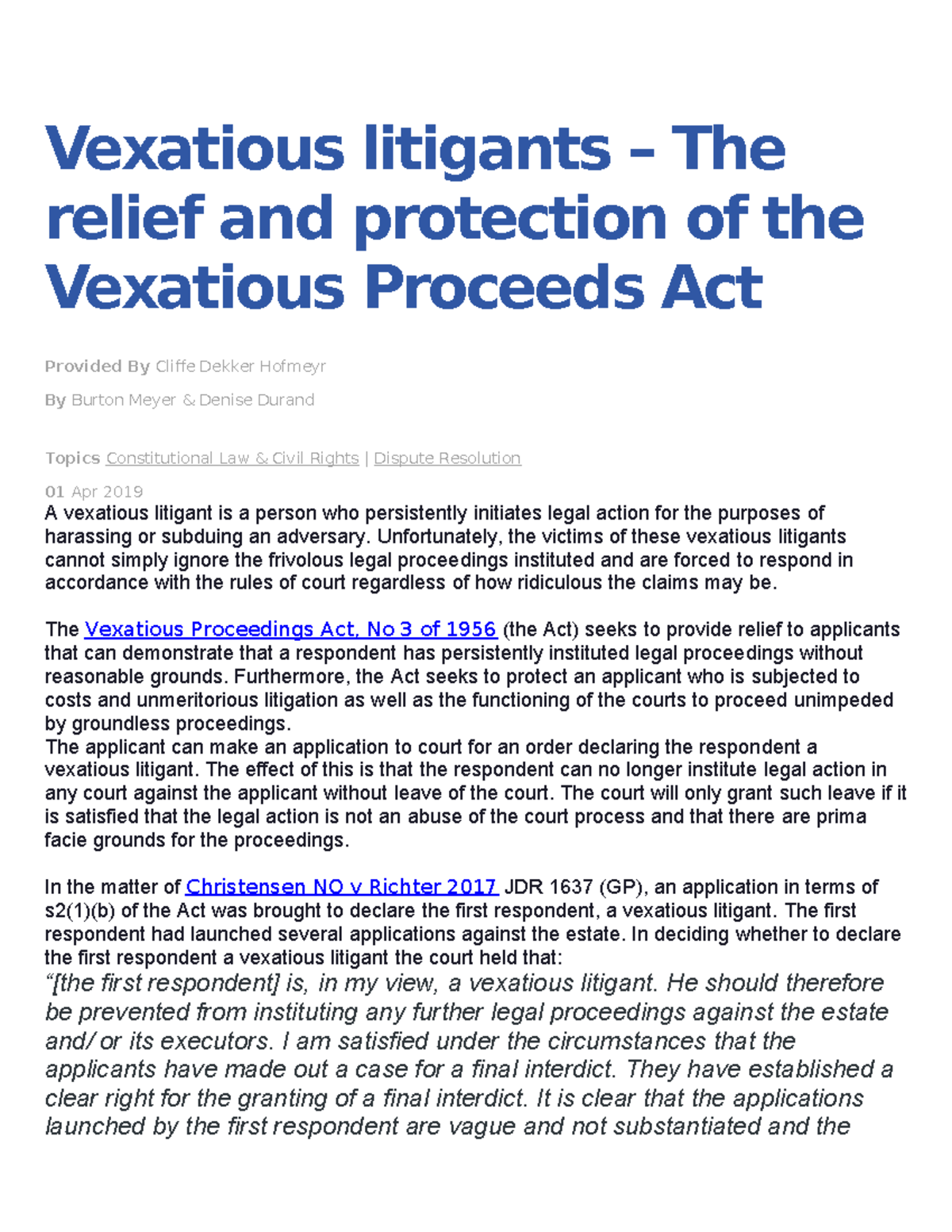 Vexatious Litigants & the Vexatious Proceedings Act: A Summary - Studocu