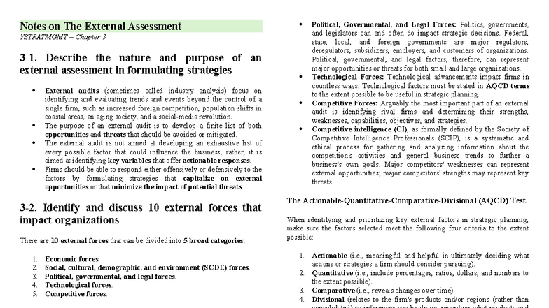 YSTRATMGMT [CH3] External Assessment: Nature, Purpose & Forces - Studocu