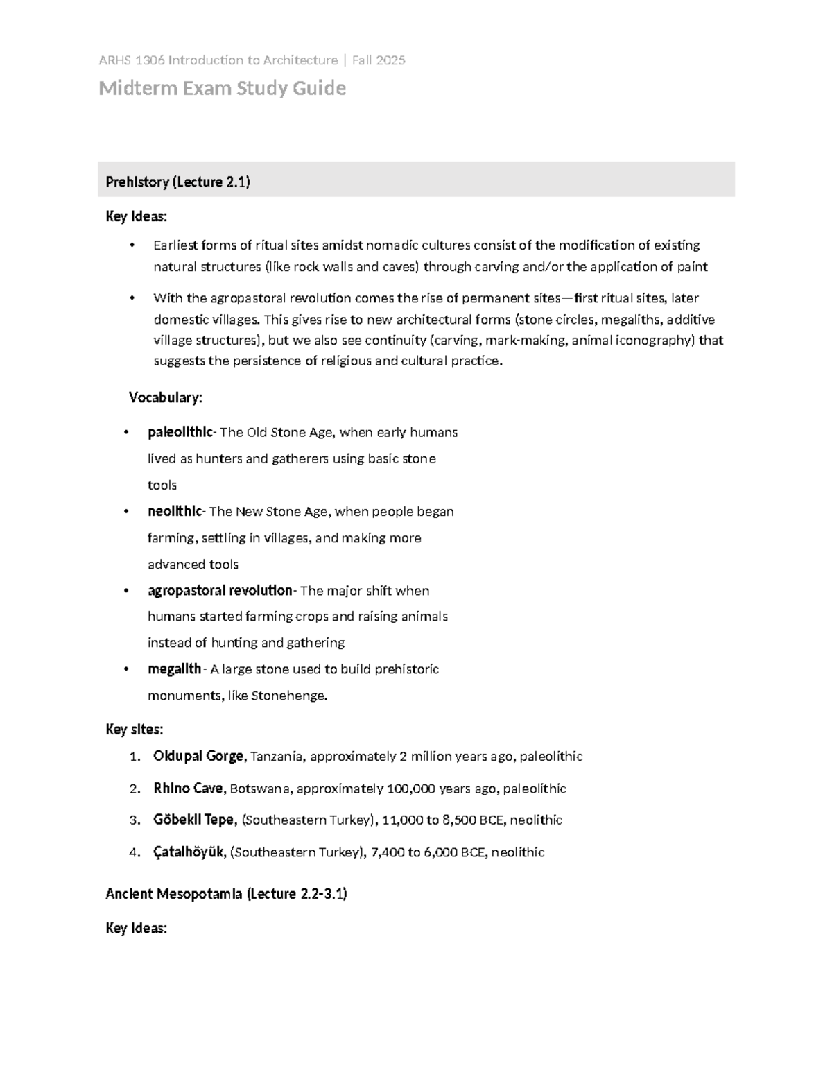 ARHS 1306 Fall 2025 Midterm Exam Study Guide: Key Architectural ...