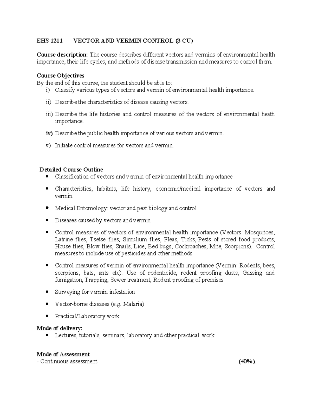 EHS 1211 Vector and Vermin Control Course Overview and Objectives - Studocu