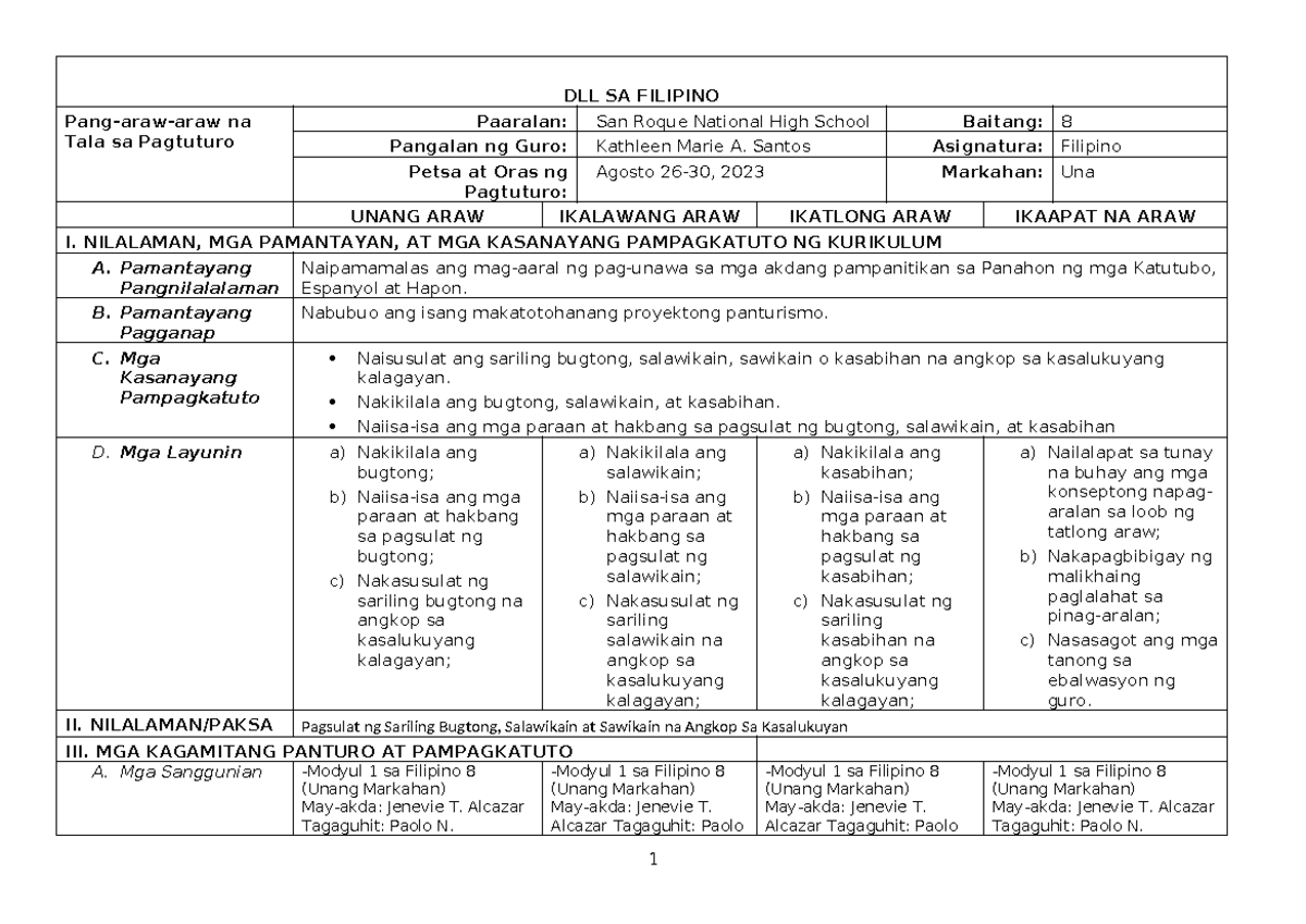 DLL ng Pagsusulat ng Sariling Bugtong at Salawikain - Filipino 8 - Studocu