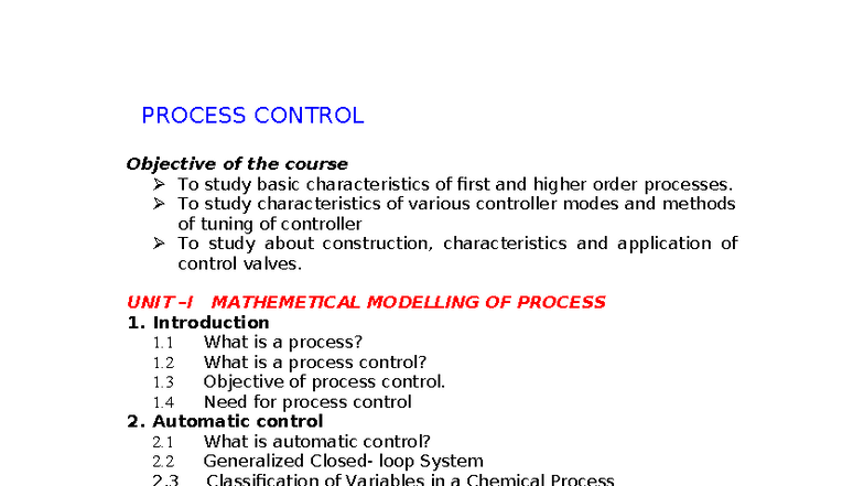 Control System (ENG 301): Process Control Overview and Mathematical ...