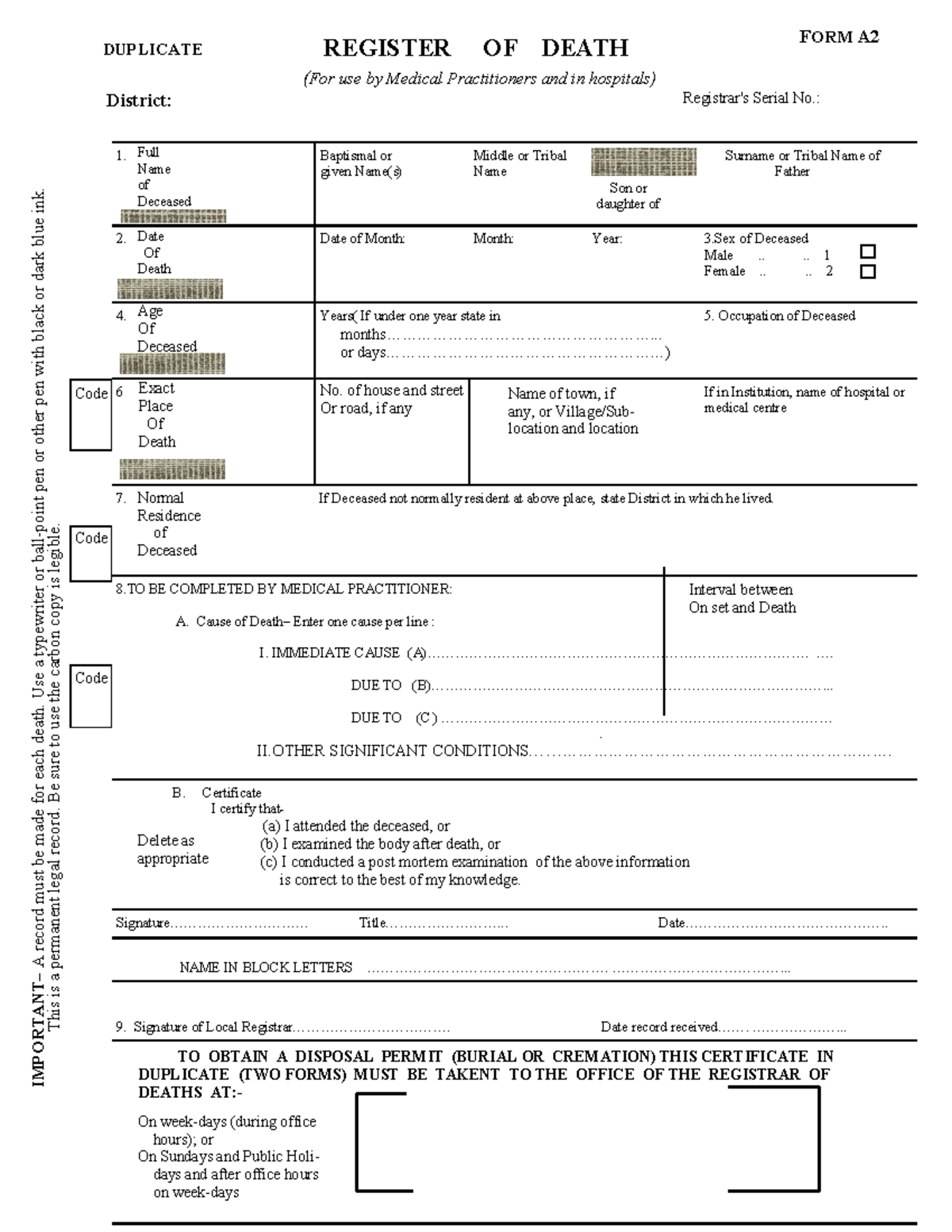 Death Registration Form A2 for Medical Practitioners - Kenya - Studocu