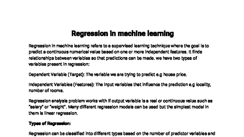 Unit 5: Regression in Machine Learning Overview and Applications - Studocu