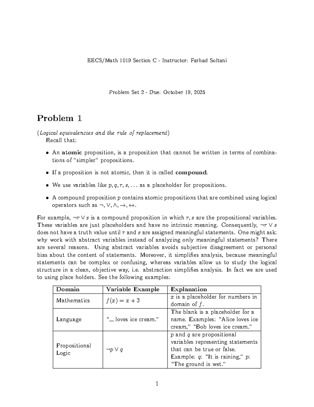 1019 Section C Problem Set 2 Solutions on Logical Equivalencies - Studocu