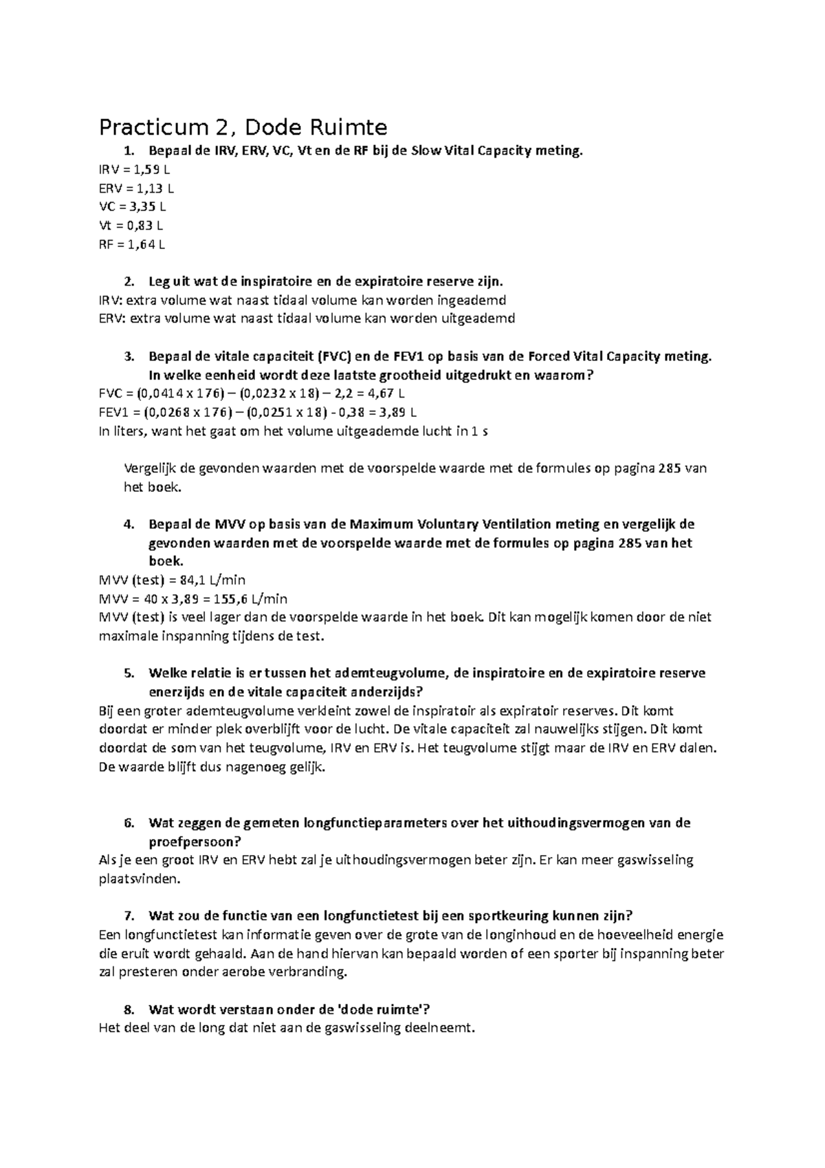 Practicum 2: Analyse van Dode Ruimte en Longfunctieparameters - Studeersnel
