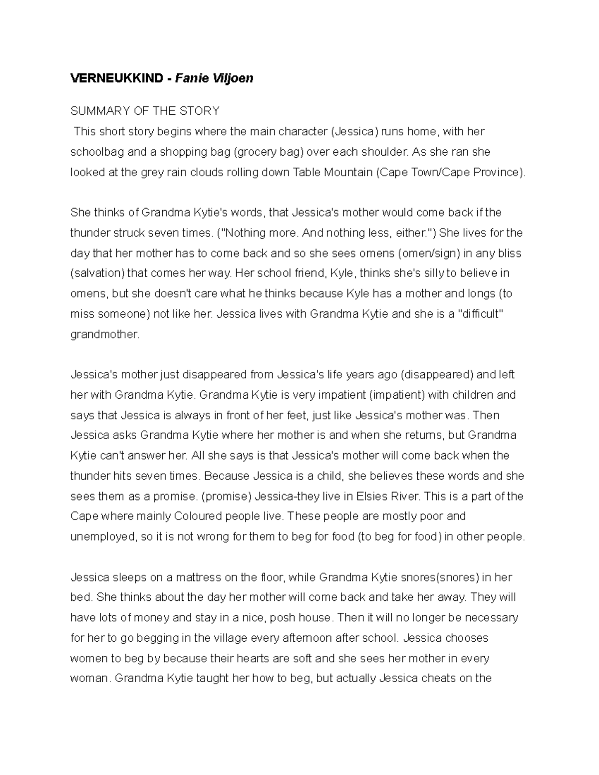 Verneukkind (Fanie Viljoen) - Summary and Character Analysis - Studocu