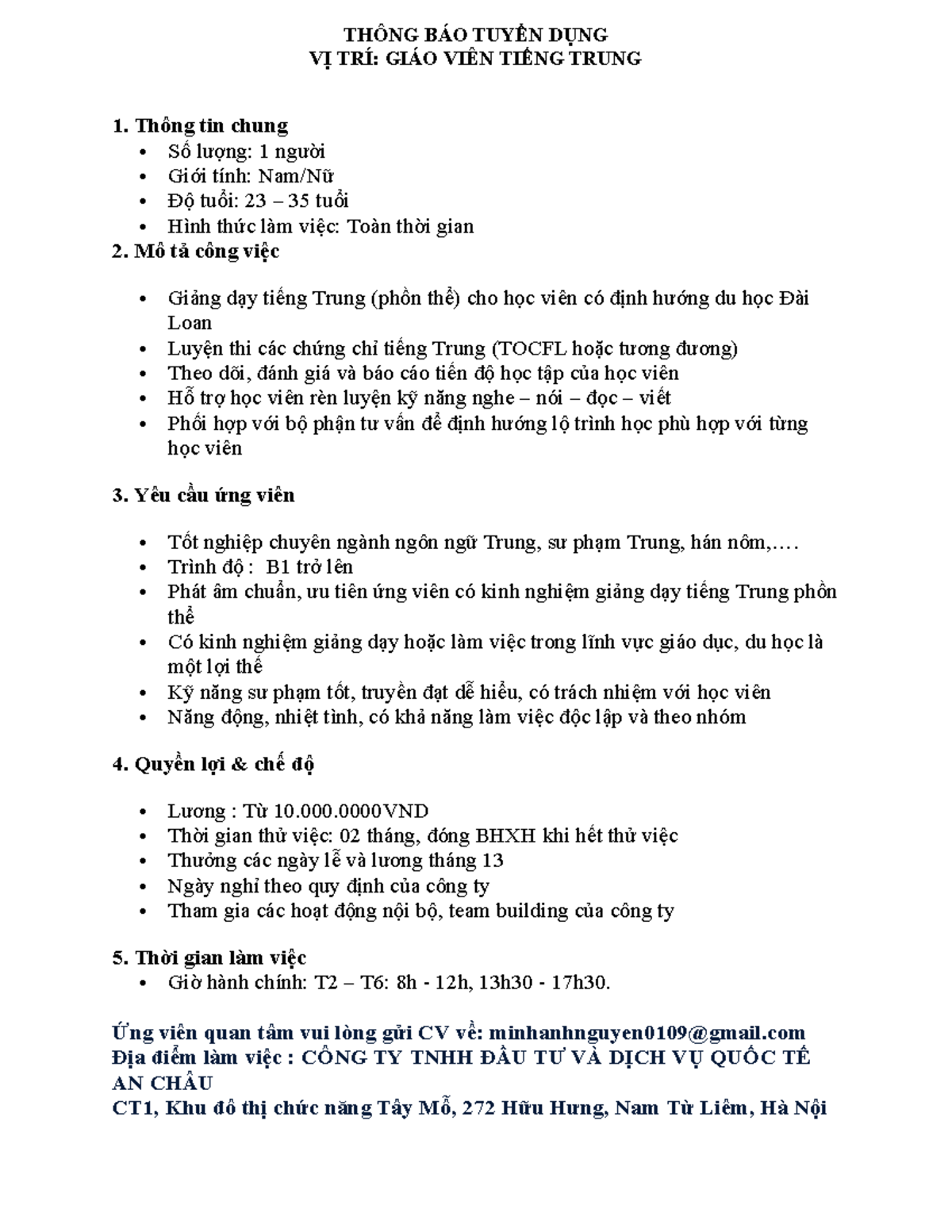 THÔNG BÁO TUYỂN DỤNG: GIÁO VIÊN TIẾNG TRUNG (1) - Studocu
