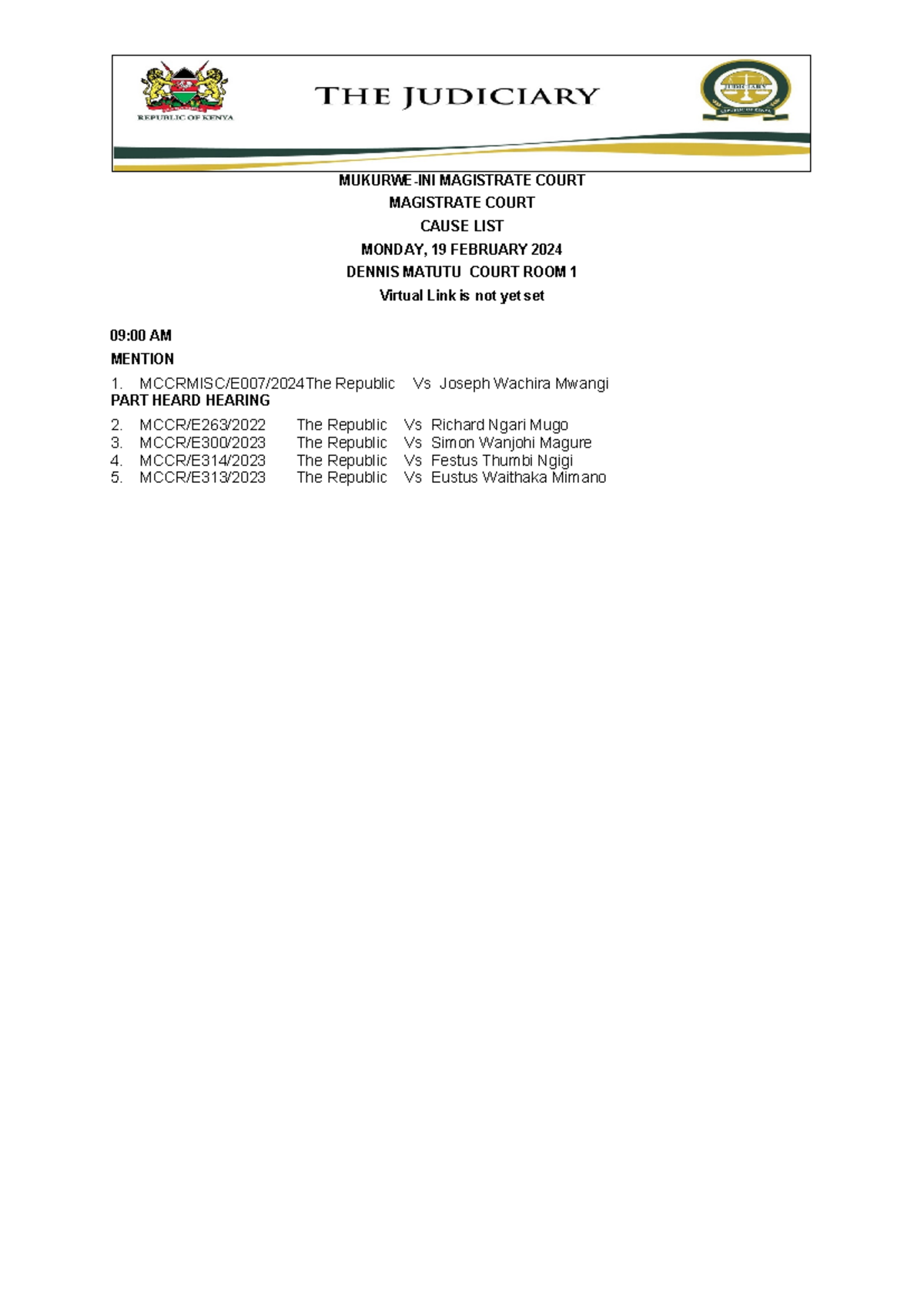 Mukurweini Magistrate Court Cause List (19-22 Feb 2024) - Studocu