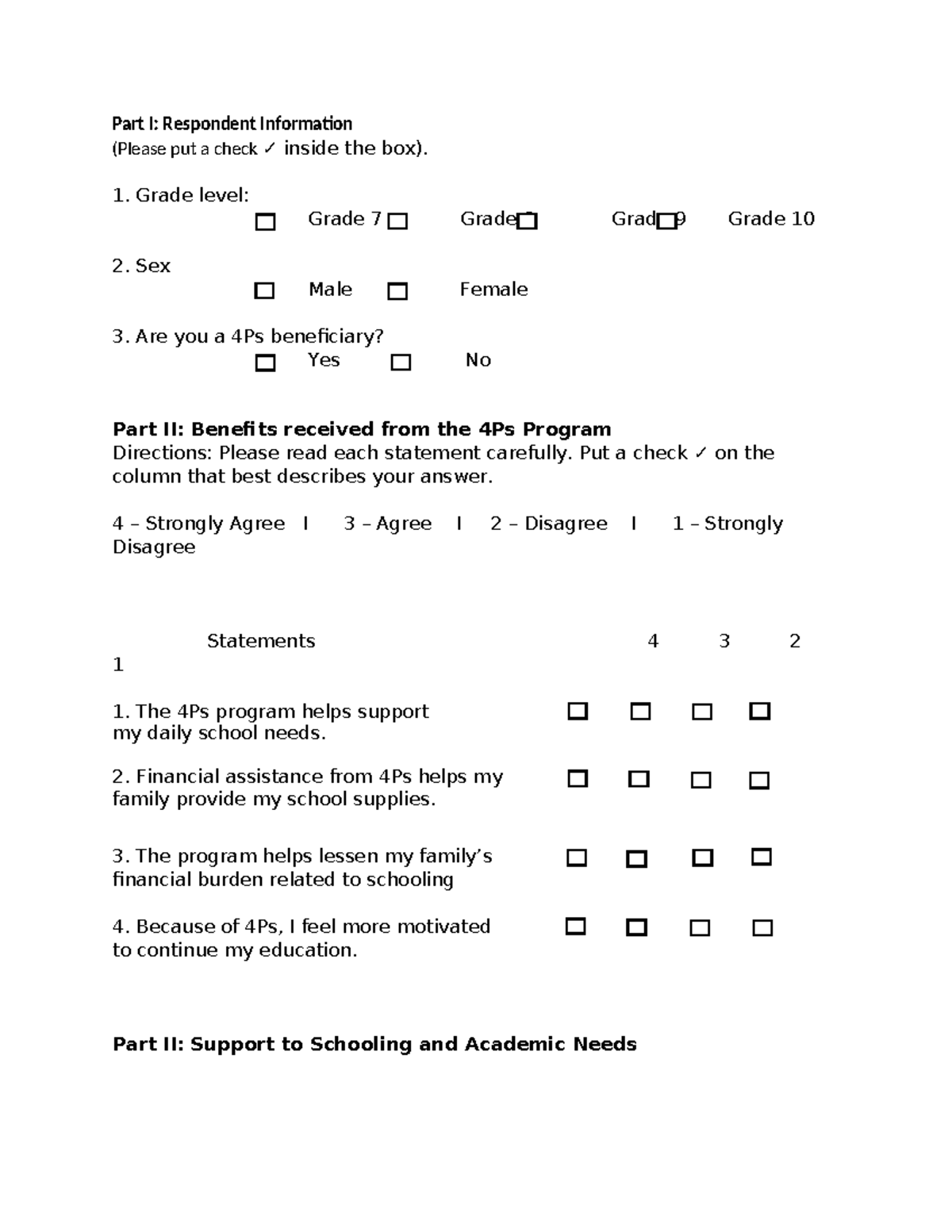 Questionnaire on 4Ps Program Impact - Respondent Info & Benefits - Studocu
