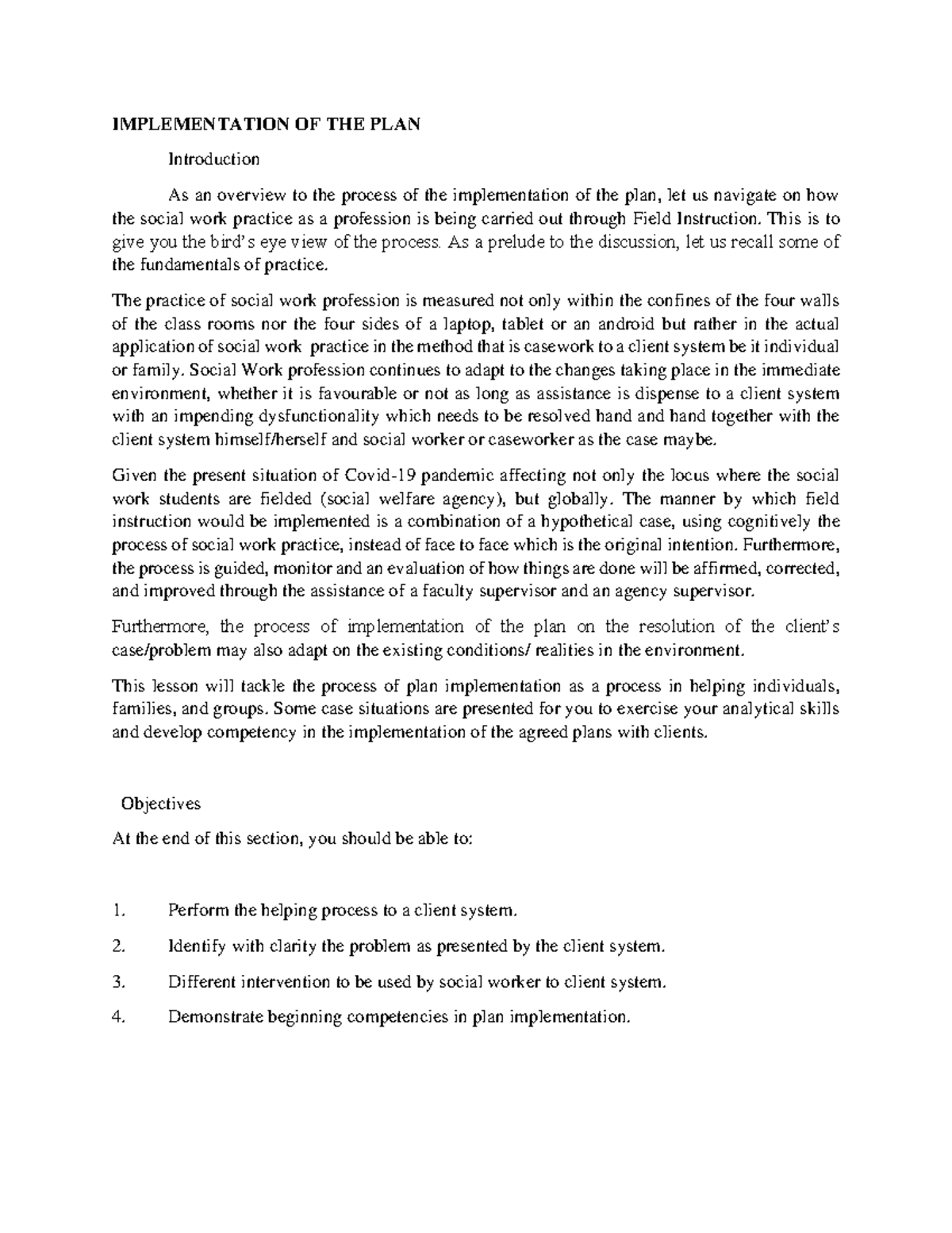 Implementation of the Social Work Plan: Monitoring & Evaluation - Studocu