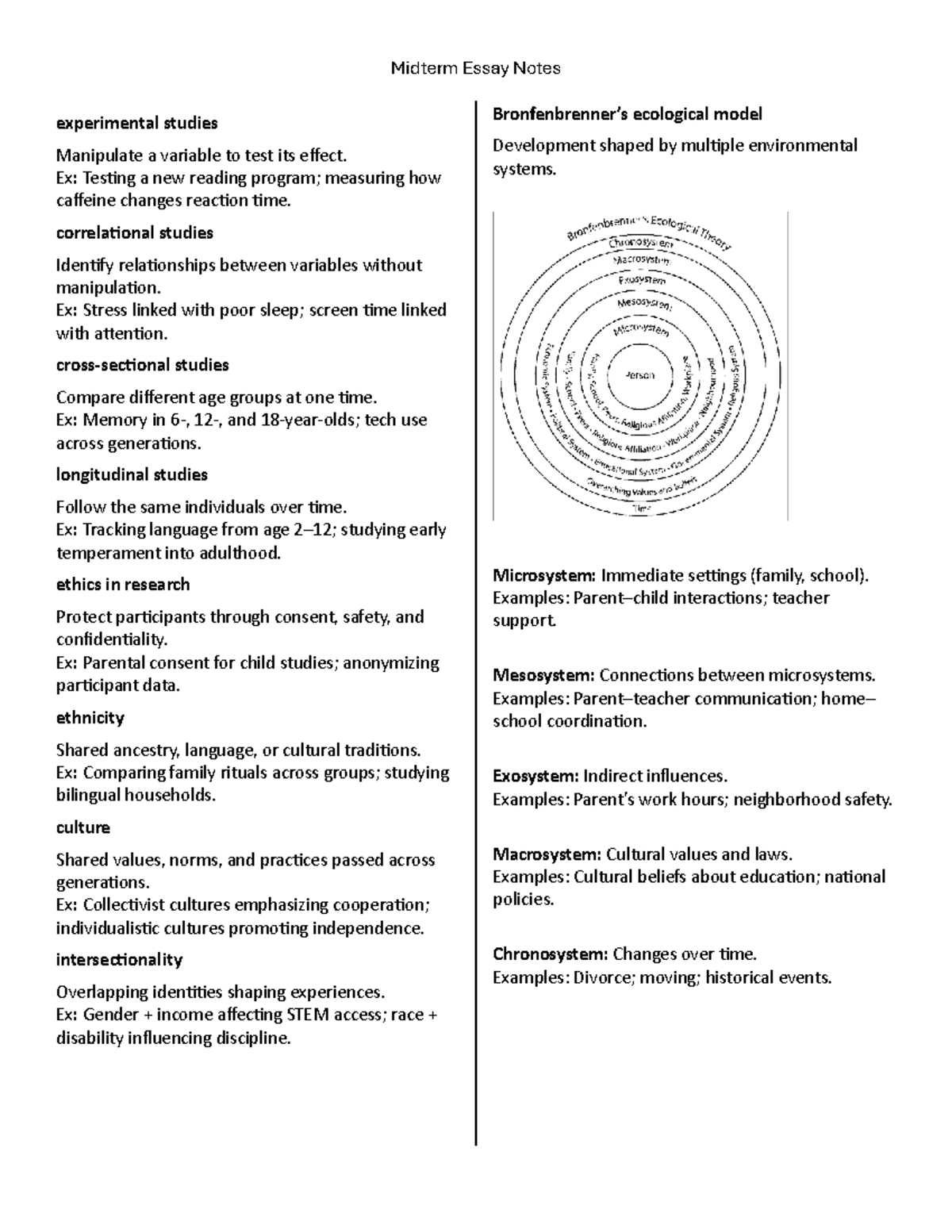 Brofenbrenner's Ecological Model Study Guide (Midterm) - Studocu