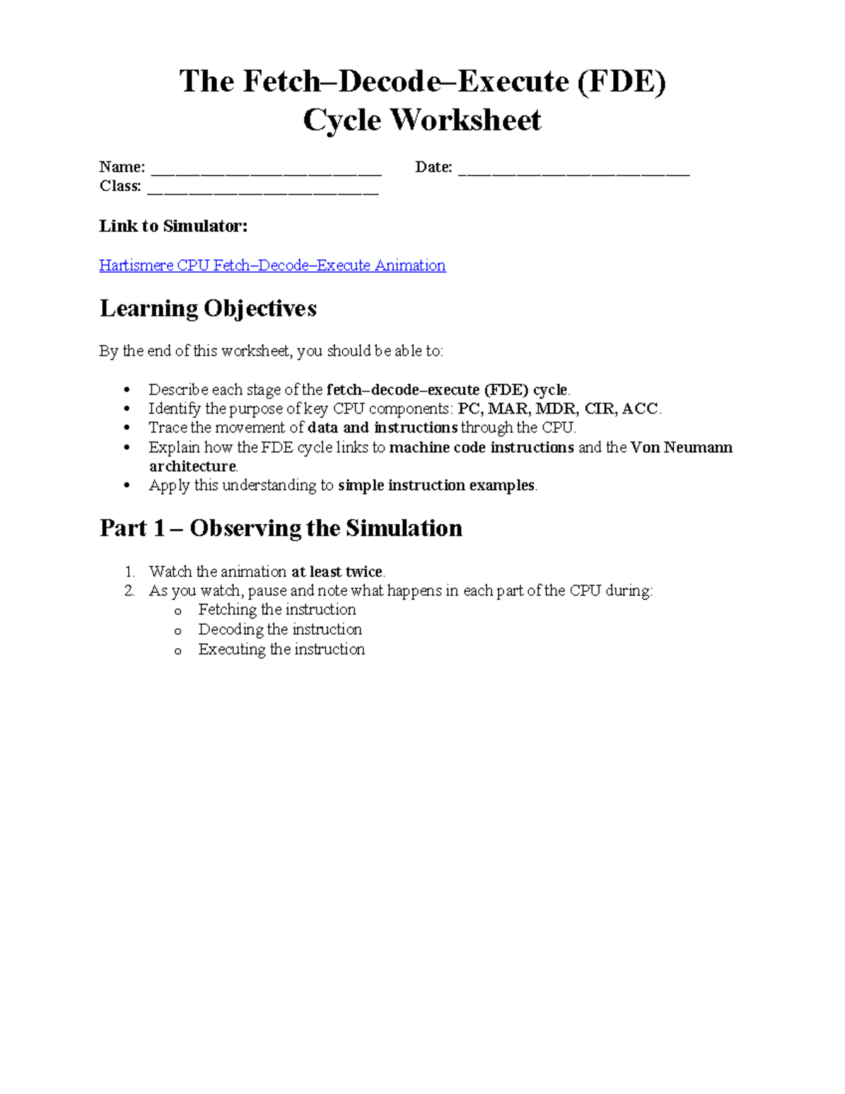 Fetch-Decode-Execute (FDE) Cycle Worksheet (FDE) - Studocu