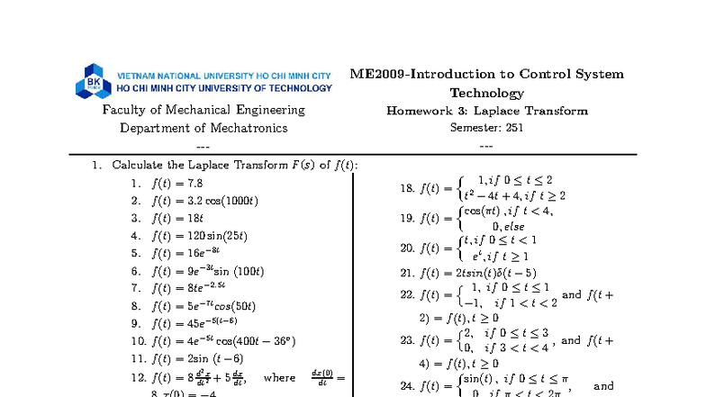 Homework 3: Laplace Transform Analysis for Control Systems (ME 251 ...