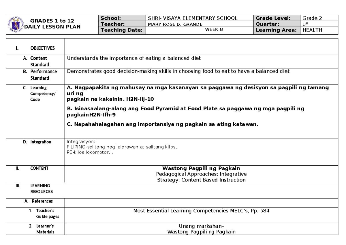 Grade 2 Daily Lesson Plan (DLP) - Health - Week 8 - Studocu