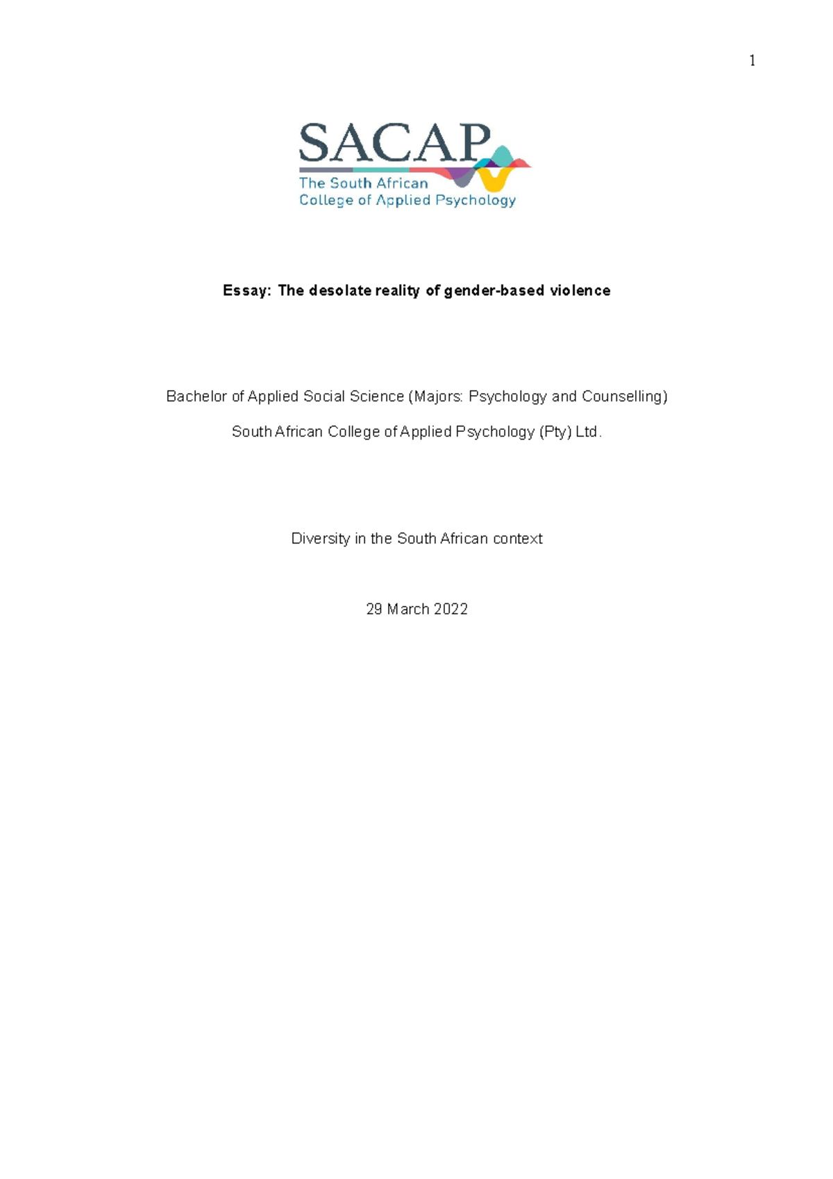 Diversity & Gender-Based Violence in SA: Assignment 1 Part 2 - Studocu